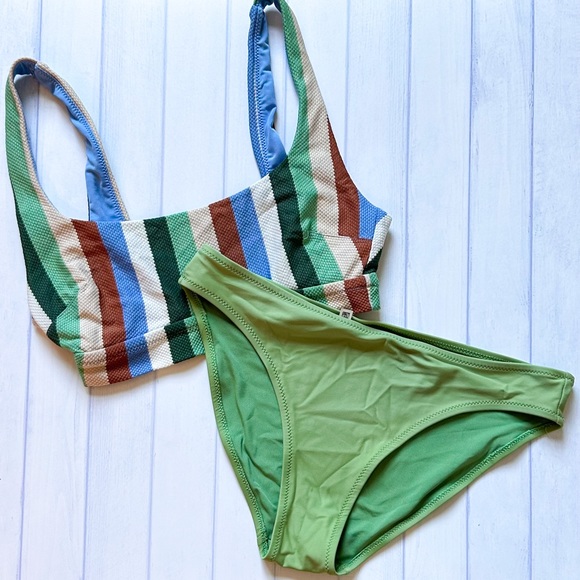 aerie | Swim | Aerie Striped Swim Set Bikini Green Bottoms Open Back ...